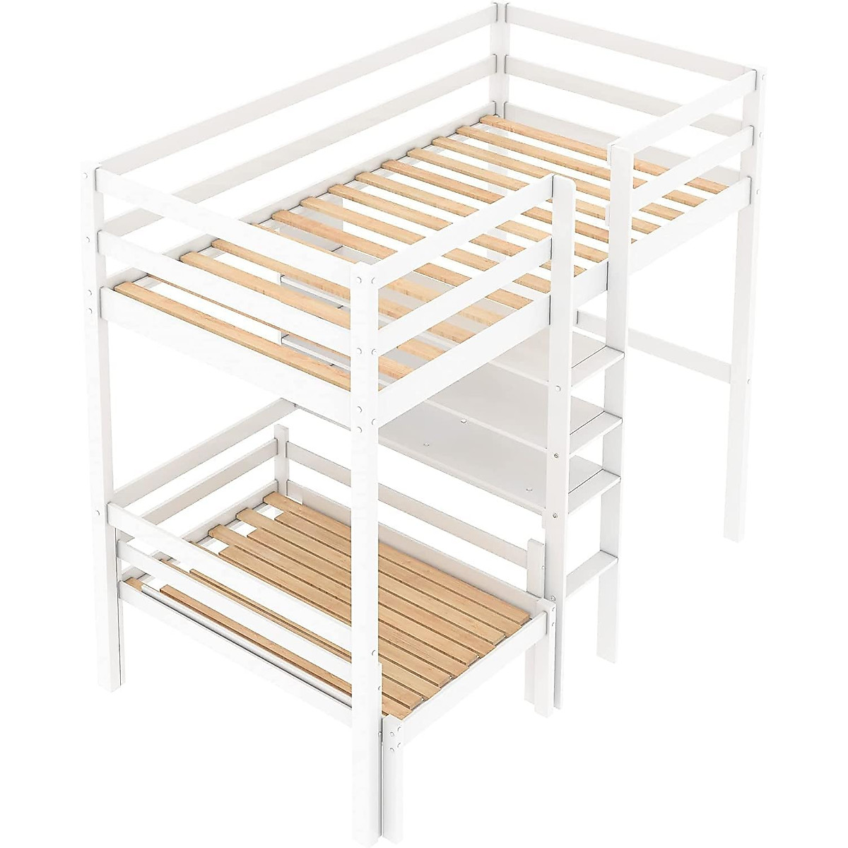 MERITLINE Twin Loft Bed with Desk,Wooden Twin Bunk Bed with Desk and Bookshelf,Convertible Loft Bed for Kids Girls Boys Teens Bedroom, No Box Spring Needed, White