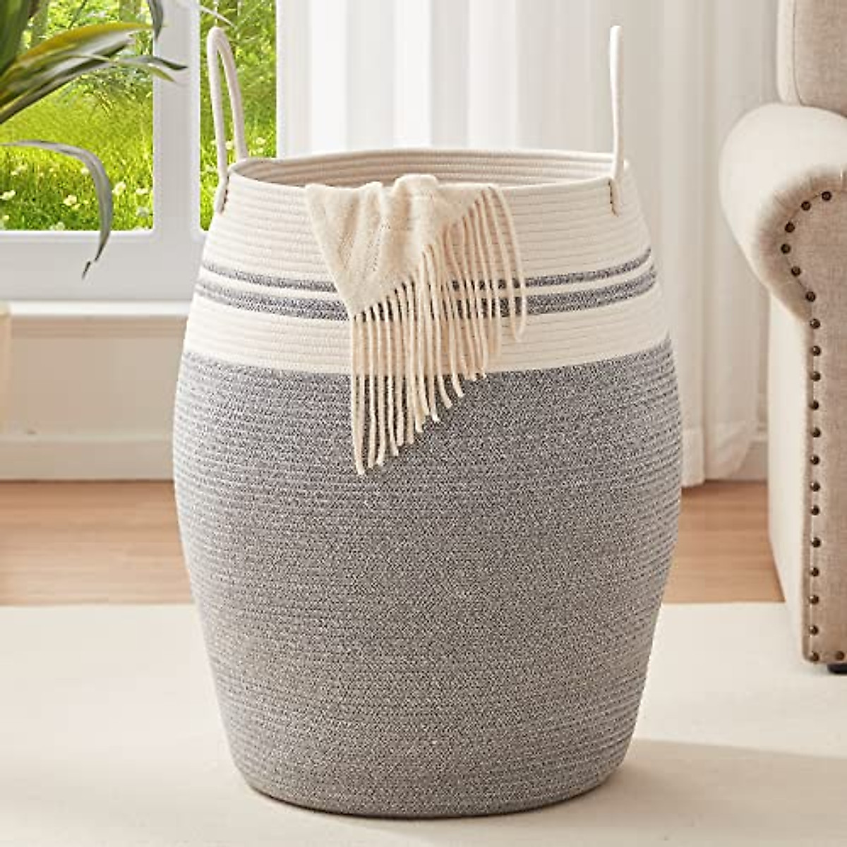 OIAHOMY Laundry Hamper Woven Cotton Rope Large Clothes Hamper 25.6" Height Modern Curve Basket with Extended Cotton Handles for Storage Clothes Toys in Bedroom, Bathroom, Foldable (White & light grey)