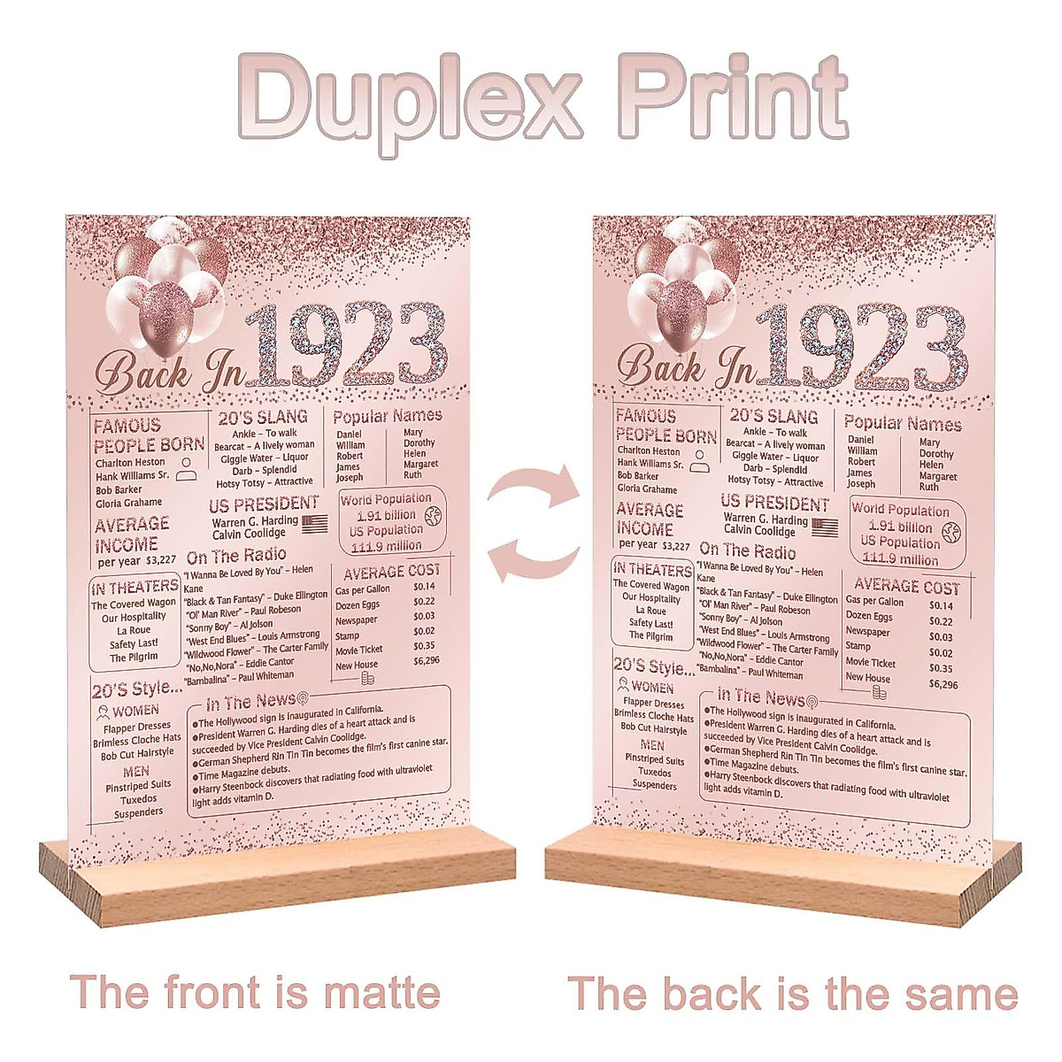 Vlipoeasn Pink 101st Birthday Anniversary Table Decoration 1923 Poster for Women, Rose Gold Back in 1923 Acrylic Table Sign with Wooden Stand, 101 Year Old Birthday Party Centerpieces Gift Supplies