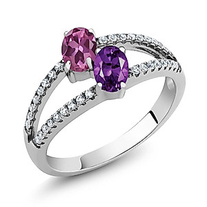 Gem Stone King 925 Sterling Silver Pink Tourmaline and Purple Amethyst 2 Stone Women Ring (1.26 Cttw, Gemstone Birthstone, Available In Size 5, 6, 7, 8, 9)