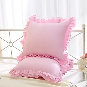 YOKKITA 2 Pack Pink Ruffle Euro Pillow Sham Covers 26x26 inches, 100% Cotton Pillowcases Princess Vintage and Shabby for Girls Bed Gift for Her