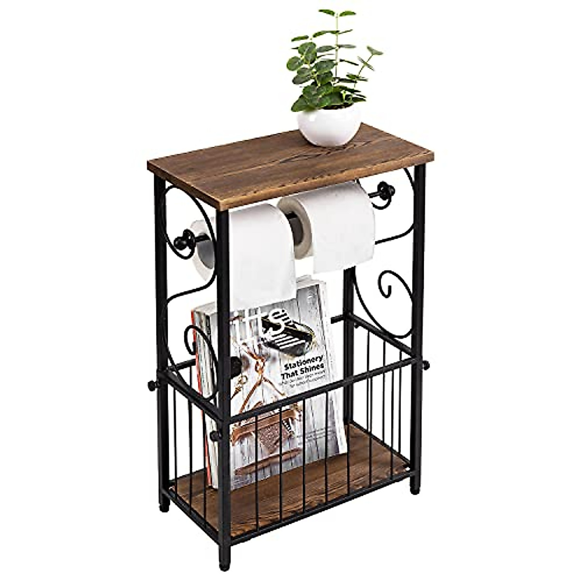 MyGift Freestanding Rustic Burnt Wood Toilet Paper Stand with Display Shelf and Matte Black Metal Scrollwork Magazine Basket, Holds up to 2 Toilet Paper Rolls