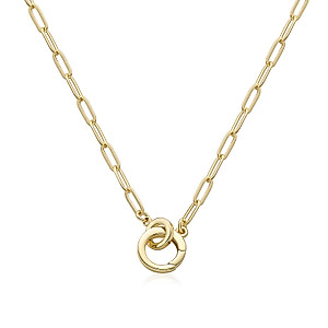 LANE WOODS Paperclip Necklace with Interlocking Circle Pendant: 14K Gold Plated Dainty Link Chain Jewelry for Women