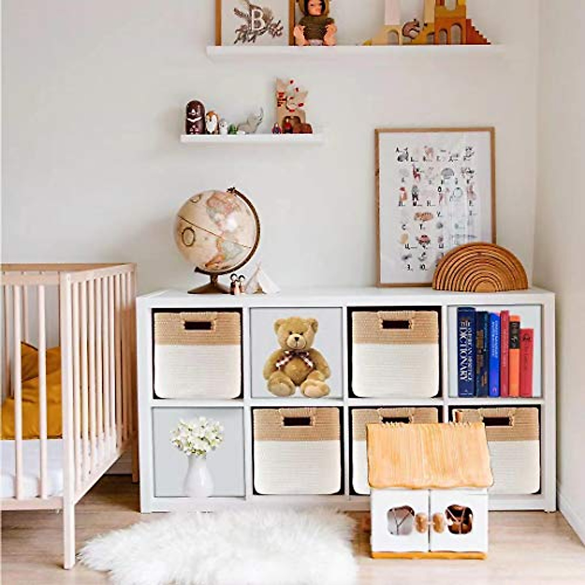 sunla Woven Cotton Rope Storage Baskets Set of 3 Foldable Cube Storage Basket, Durable Decor Rope Basket for Organizing Clothes, Baby Toy, Towel, 10.5" x 10.5" x 11", Yellow White