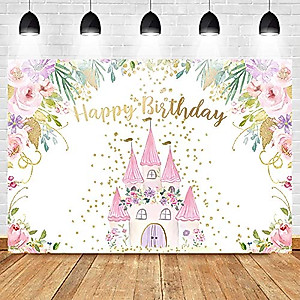 Mocsicka Pink Castle Birthday Backdrop Princess Floral Birthday Party Decorations Photo Backdrops Gold Dots Sweet Girl's Bday Photography Background (7x5ft)