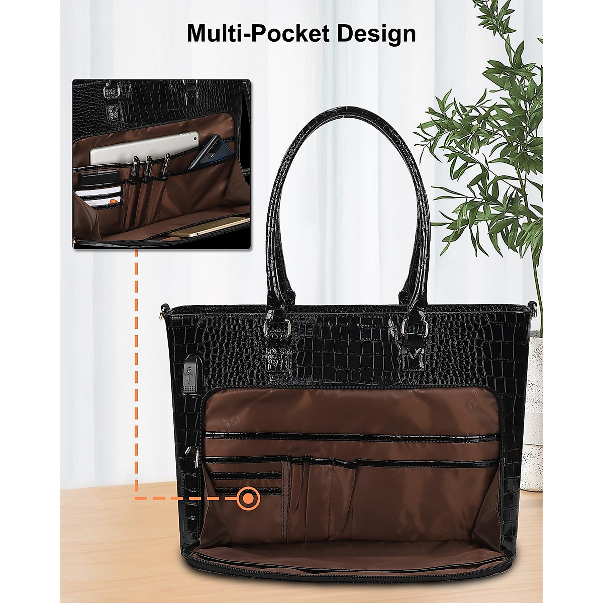 Laptop Tote Bag for Women 17.3 Inch Waterproof Leather Large Laptop Bag Business Office Work Briefcase Stylish Computer Bags Handbag Satchel Shoulder Bag with USB Charging Port