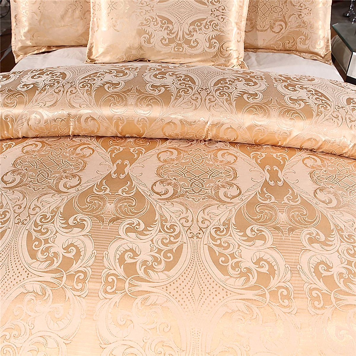 Dencalleus Jacquard Satin Duvet Cover 3 Piece Set Reversible Luxury Double Brushed Microfiber Ultra Soft King Size Silk Like Floral Bedding Comforter Covers Zipper Closure and 2 Pillow Shams Gold