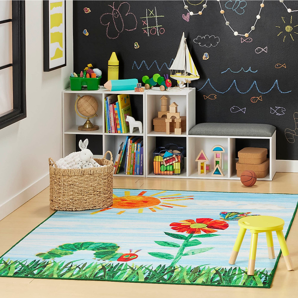 Eric Carle Home Dynamix The Very Hungry Caterpillar Elementary Sun Scene Kids Machine Washable Area Rug, Blue/Green, 35"x51"
