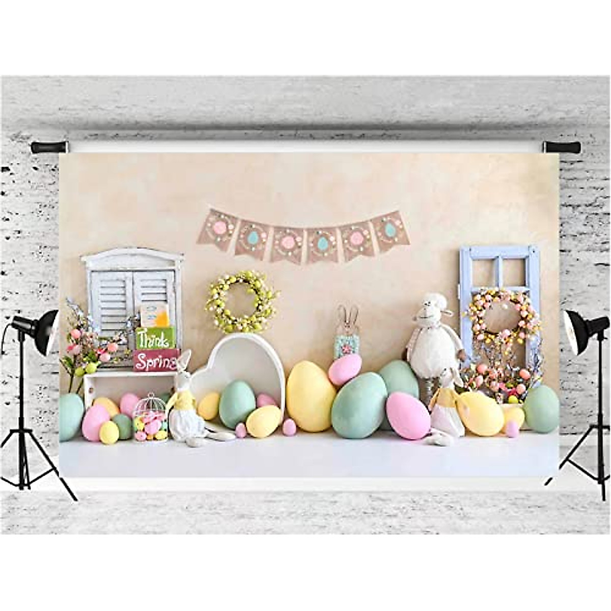 Spring Easter Wood Door Photography Background Flower Bunny Egg Kid Birthday Party Portrait Decor Backdrop Photo Studio Vinyl (5ft×3ft)