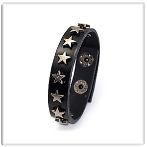 Xusamss Hip Hop Alloy Star Wristband Leather Cuff Bracelet,7.5inches
