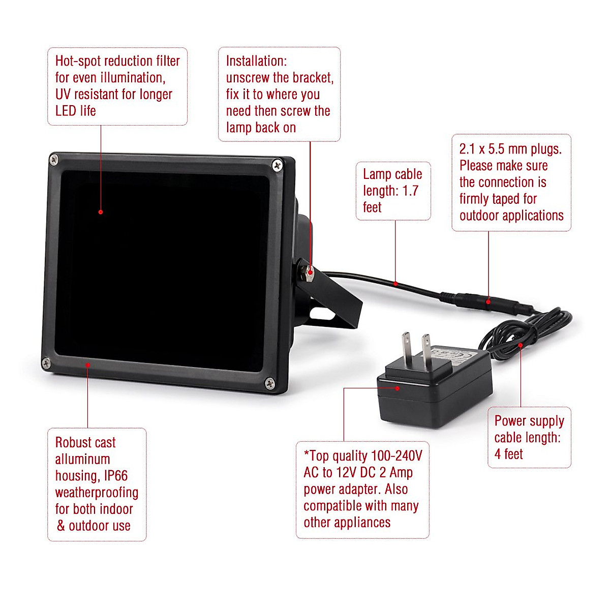 Tendelux 200ft Long Range IR Illuminator | BI18 90° LED Outdoor IR Flood Light for Security Camera (w/Power Adapter)