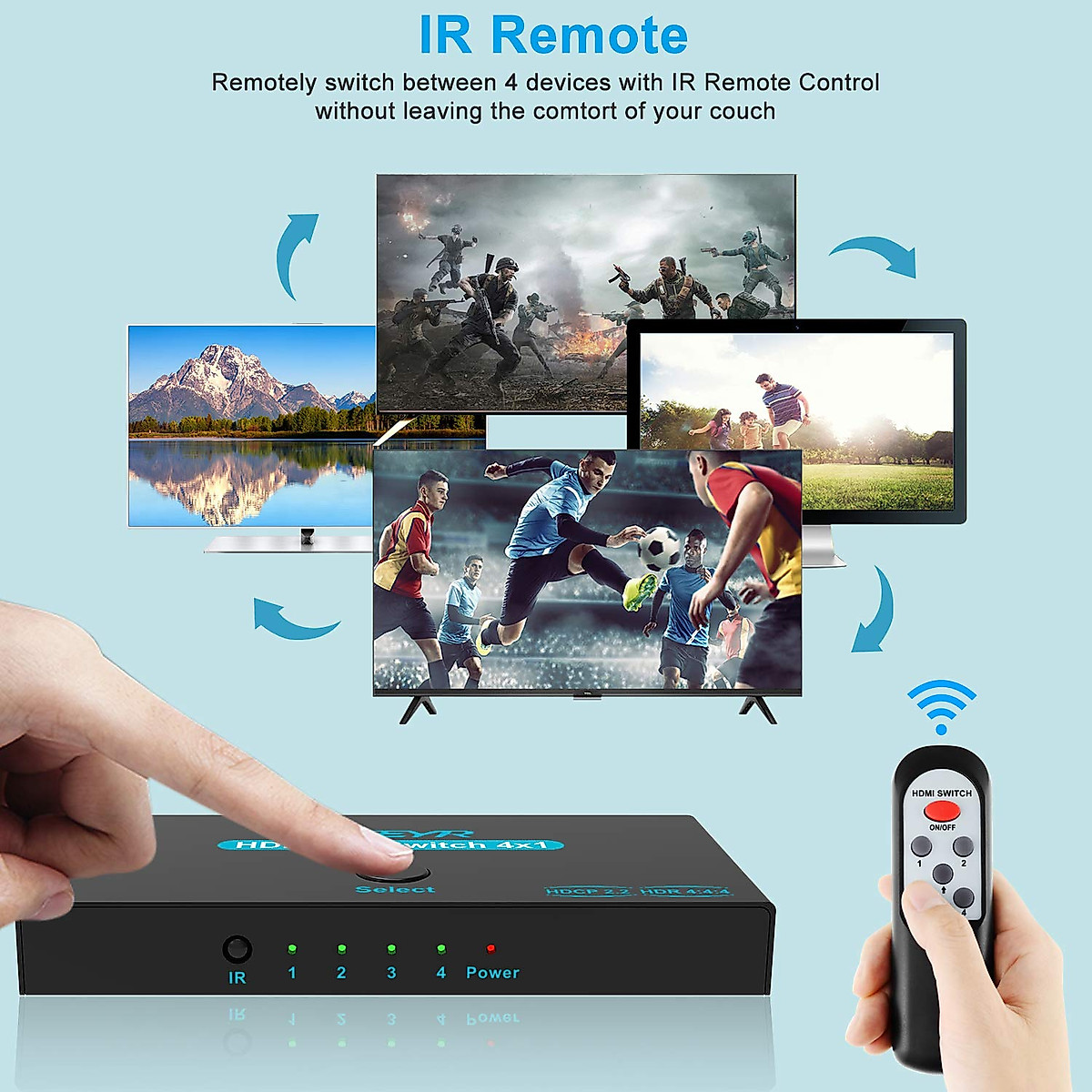 SGEYR HDMI 2.0 Switch 4 Port, HDMI Switch Splitter 4 in 1 Out, Metal HDMI Switcher 4K with IR Remote, Support HDCP 2.2 Support 4K@60Hz Ultra HD 3D 2160P 1080P, Compatible for PS3/PS4,Xbox