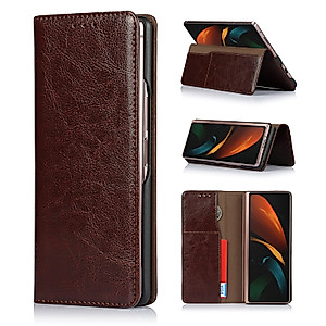 Jaorty Compatible with Samsung Galaxy Z Fold 2 5G Wallet Case,Stand Feature Cowhide Genuine Leather Credit Card Holder Coin Slot Cover Case for Samsung Galaxy Z Fold 2 5G,Dark Brown