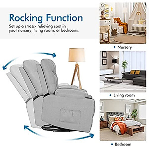 Giantex Swivel Rocker Recliner Chairs with Massage and Heating, 360 Degree Swivel Single Sofa w/Remote Control, 4 Pockets & 2 Cup Holders, Glider Chair for Nursery Living Room Bedroom (Grey)