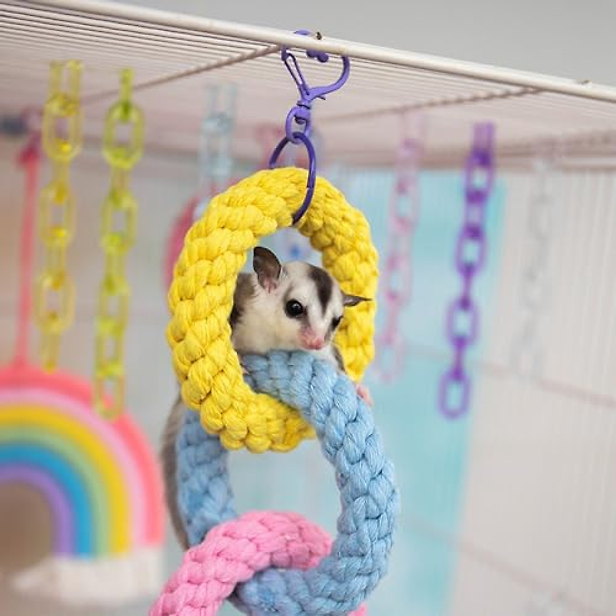 DONGKER Sugar Glider Hanging Climbing Toys,Hanging Three-Ring Swing Cage Toy for Sugar Glider Ferret Hamster Squirrel Chinchilla Parrots Climbing Exercising