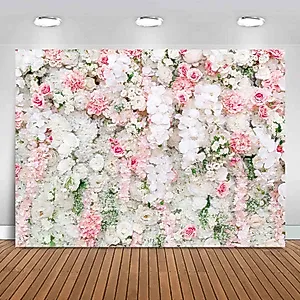 7X5FT Pink White Rose Flower Backdrop Party Bridal Shower Photoshoot Valentine's Day Mother's Day Wedding Anniversary Baby Shower Couple Shooting Background Cake Table Banner