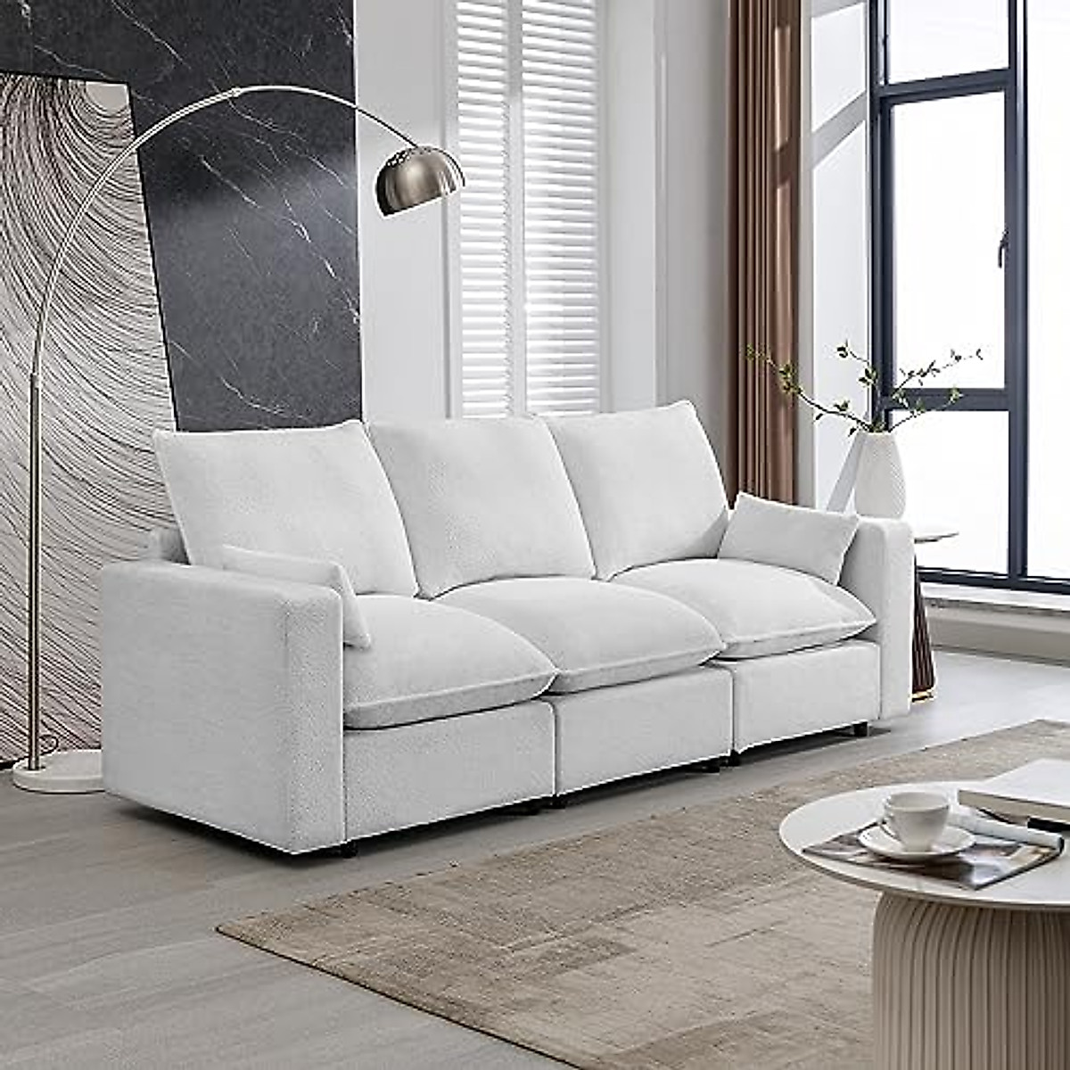 Modern Sofa with Removable Back and Seat Cushions ,Upholstered Comfy Sofa Couch with 2 Pillows,Small 3 Seater Loveseat Sofa for Living Room,Small Space,Bedroom,Apartment,Studio(White)