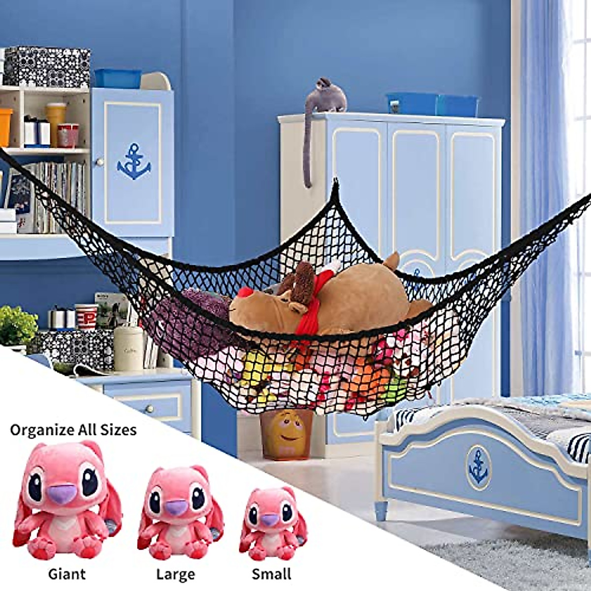 Stuffed Animal Hammock, Toy Hammock Storage Net, LXUNYI Mesh Toy Net Holder Jumbo Wall Corner Giant Baby Kids Children Stuff animals Hammocks Net Organizer for Bedroom (Black, 84 inch)