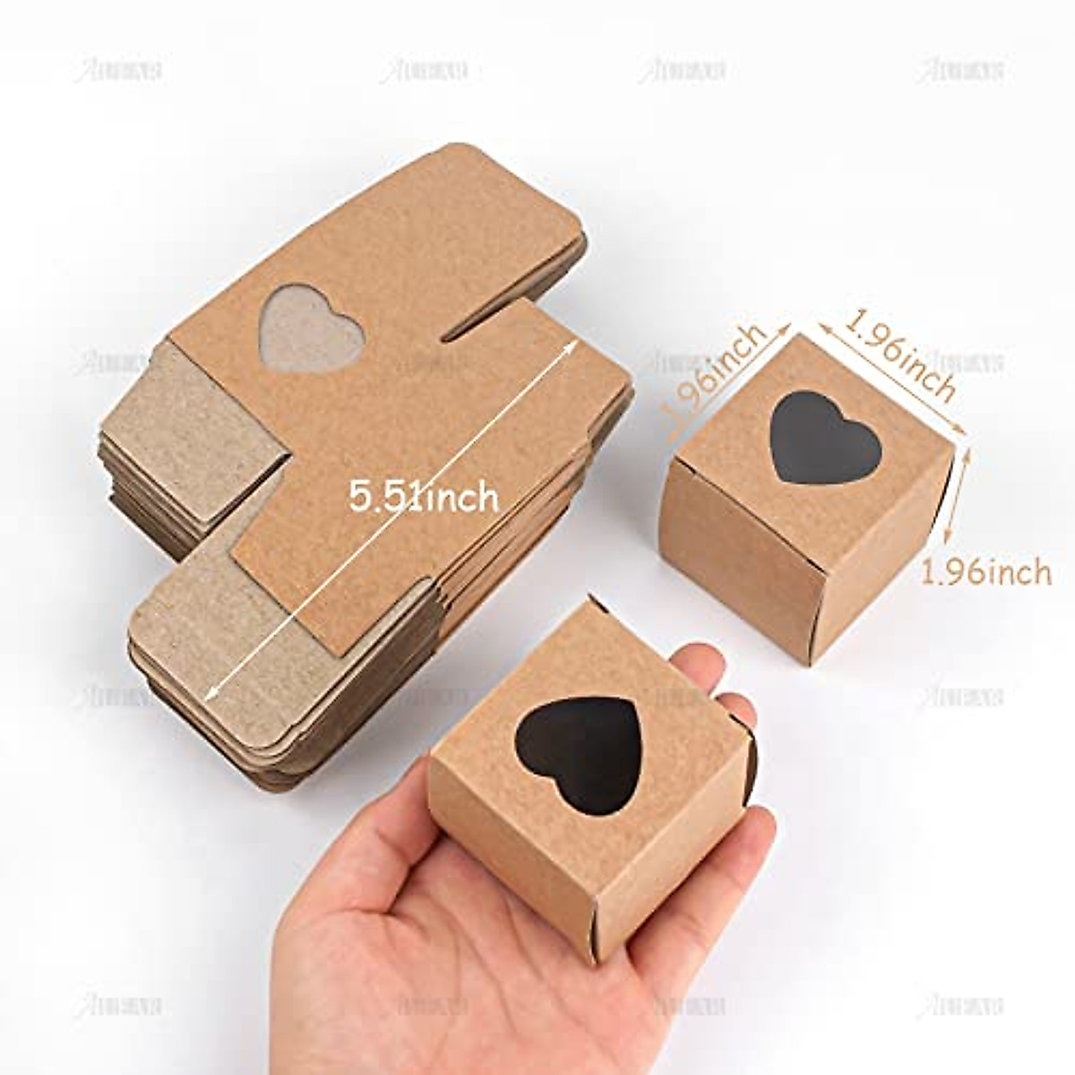AUEAR, 50 Pack of Kraft Gift Boxes with Clear Plastic Heart Window 2x2x2 inch Treat Gift Boxes for Cake Candy Cookies Dessert