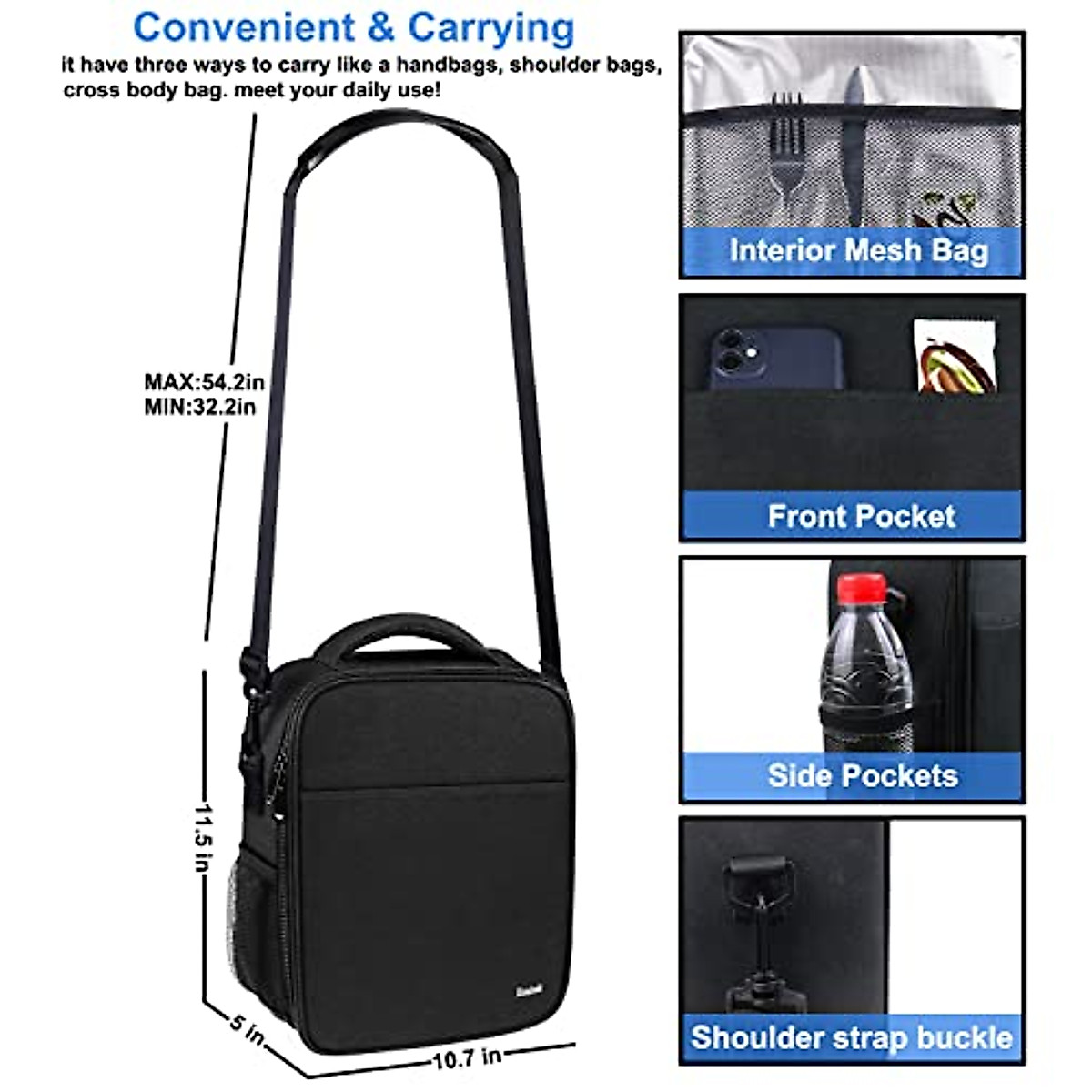 Hsmienk Lunch Box for Men, Large Lunch Bag for Adults Water Resistant Insulated Lunch Bag, Reusable Lunch Box Portable Lunchbox Tote Bag with Adjustable Shoulder Strap for Office Work, Black