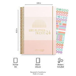 Burde Planner 2024 | Daily & Weekly Planner | Life Planner Pink Horizontal | 18 December 2023-5 January 2025 | Hardcover & Spiralbound A5 Format | Monthly & Yearly Overview | Stickers Included