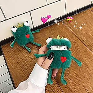 UnnFiko Fluffy Frog Airpods Case, 3D Furry Cartoon AirPods Soft Fur Warm Protective Case Covers (Frog King)