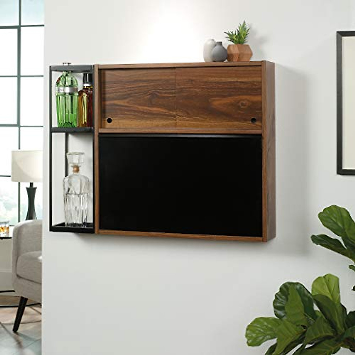 Sauder Harvey Park Wall Bar, L: 33.27" x W: 5.91" x H: 25.0", Grand Walnut Finish