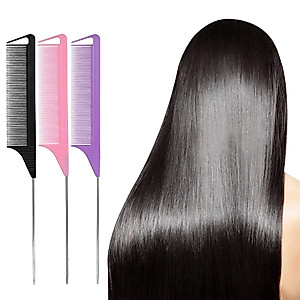 Rat Tail Combs Hair Combs :3Pack Parting Comb,Fine Tooth Comb,Tail Comb,Metal Long Steel Pin Rat Tail Comb,Combs for Women，Professional Hair Salon Quality Styling Combs(Black|Purple|Pink）