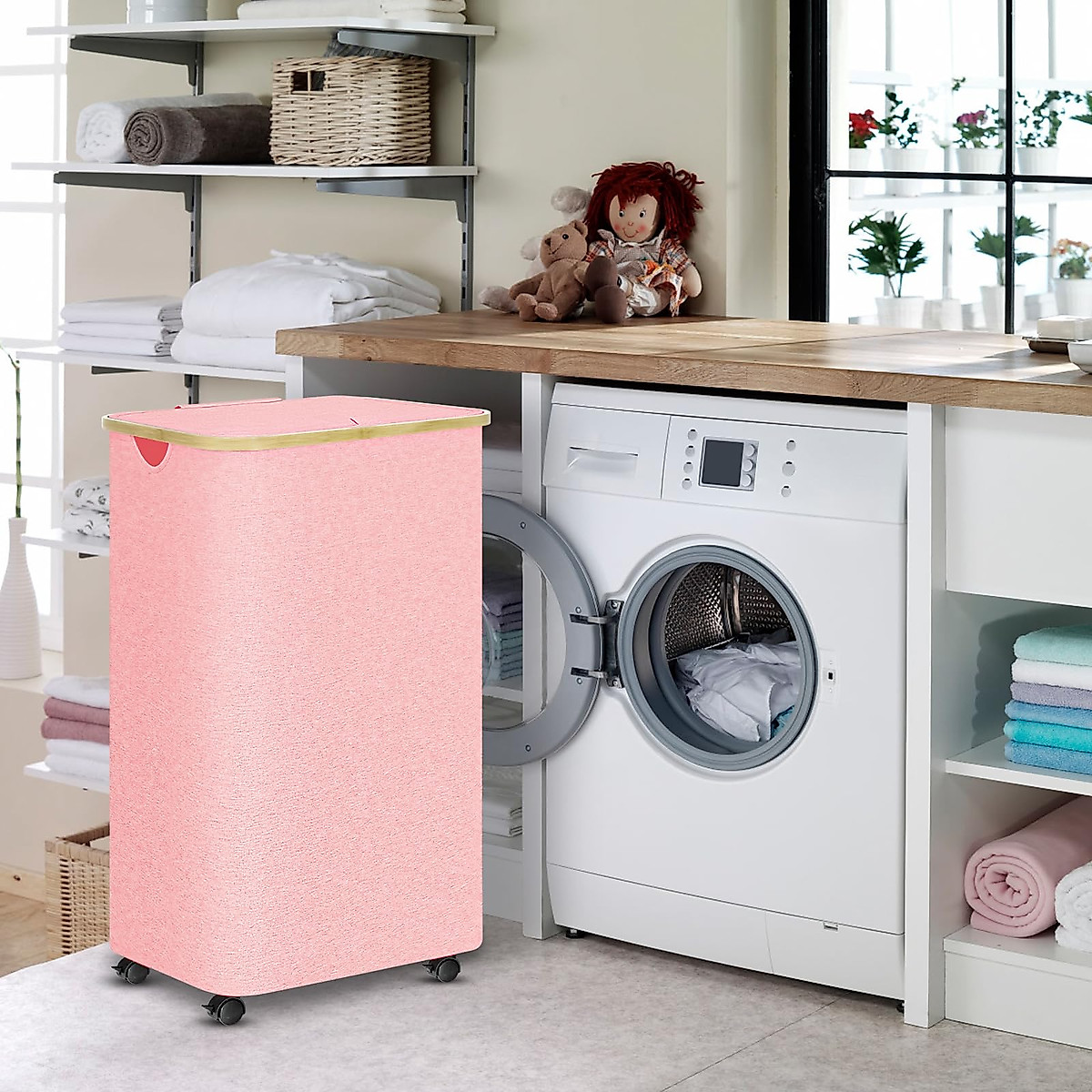 Pink Laundry Hamper with Wheels - 100L Large Laundry Hamper with Lid, Rolling Laundry Hamper on Wheels, Collapsible Laundry Hamper with Removable Mesh Bag and Bamboo Handles for Easy Carrying