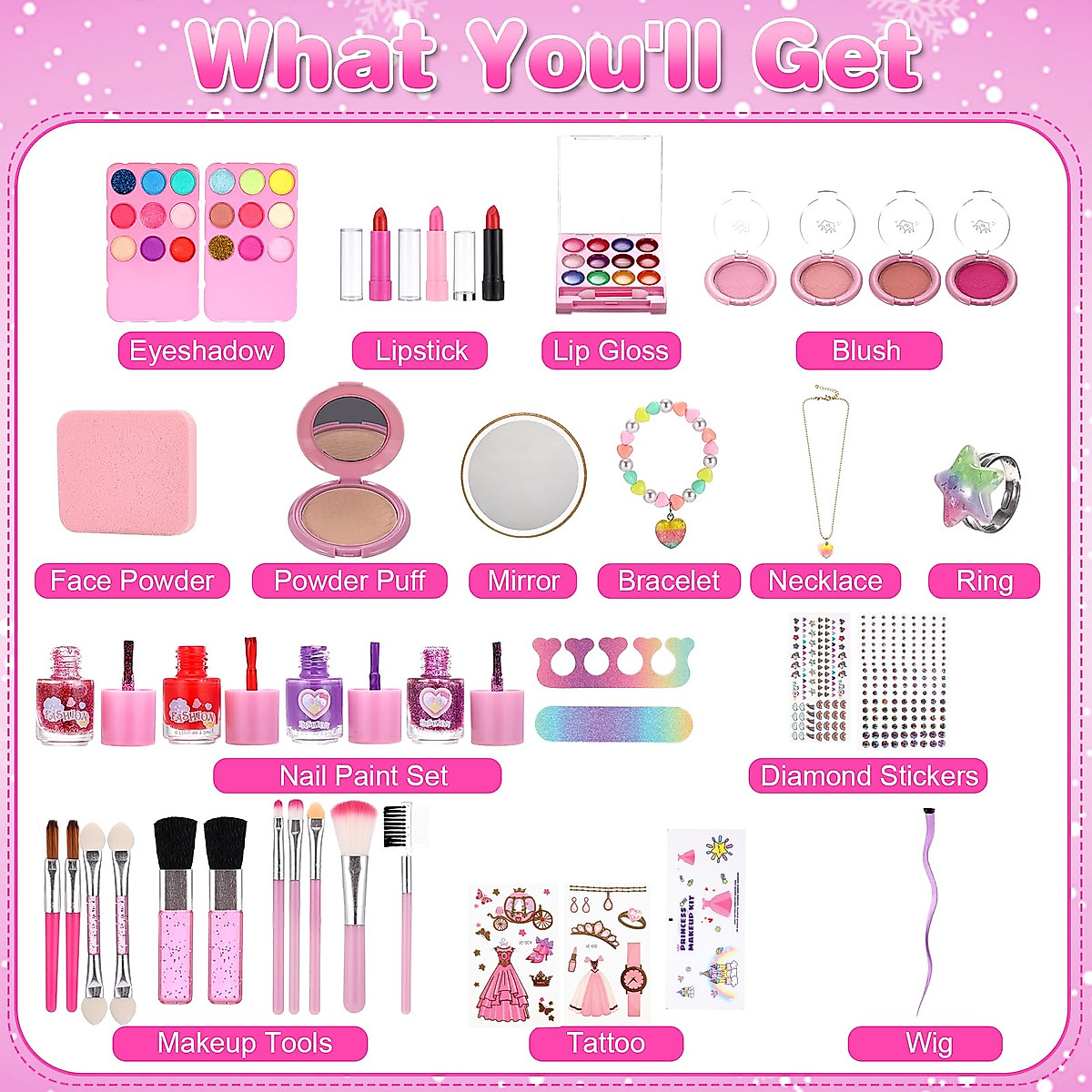 Anpro Kids Makeup Kit for Girl - 68PCS Safe & Washable Makeup for Girls,Play Real Makeup Girls Toys,Make Up for Little Girls,Non-Toxic Makeup kit,Valentines Day Gifts for Children Age 3-12 (Pink)