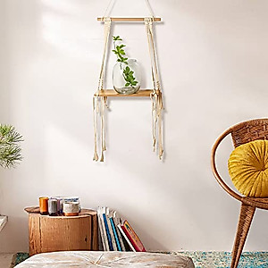 CIOUYAOS Boho Wall Shelf Decor, Macrame Wall Hanging Shelves, Minimalist Art Aesthetic Wooden Shelf for Farmhouse Bedroom Home Dining Living Room Window Bathroom Nursery Plants (Quadrangle)