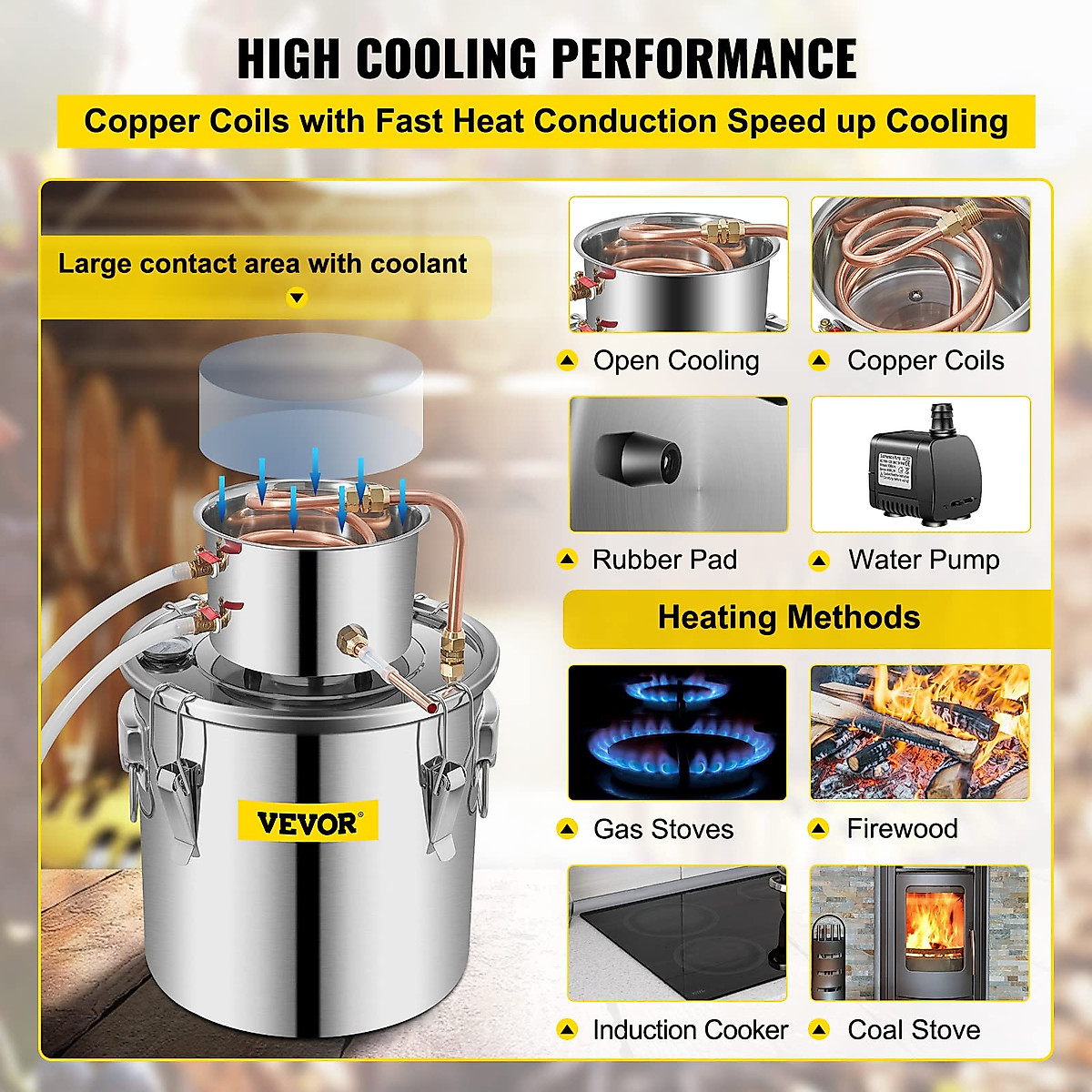 VEVOR Alcohol Still 5Gal/20L Alcohol Distiller Stainless Steel Distillery Kit for Alcohol With Copper Tube & Pump Home Brewing Kit Build-in Thermometer for DIY Whisky Wine Brandy