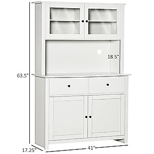 HOMCOM 63.5" Kitchen Buffet with Hutch, Pantry Storage Cabinet with 4 Shelves, Drawers, Framed Glass Doors, Open Microwave Countertop, Antique White