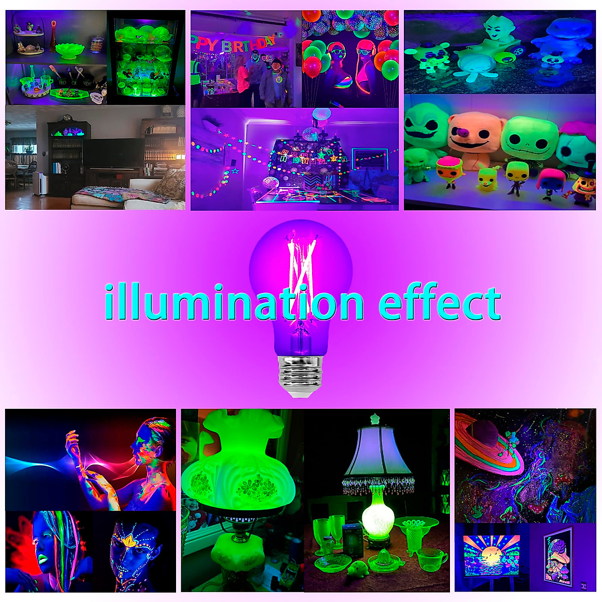 TITO 2 Pack E26 A19 Filament LED Black Light Bulbs, UVA 395nm 6W Blacklight Bulb 100W Equivalent, Black Light Bulb Glow in Dark Halloween Christmas Party Fluorescent Tapestry Poster Decor Body Paint
