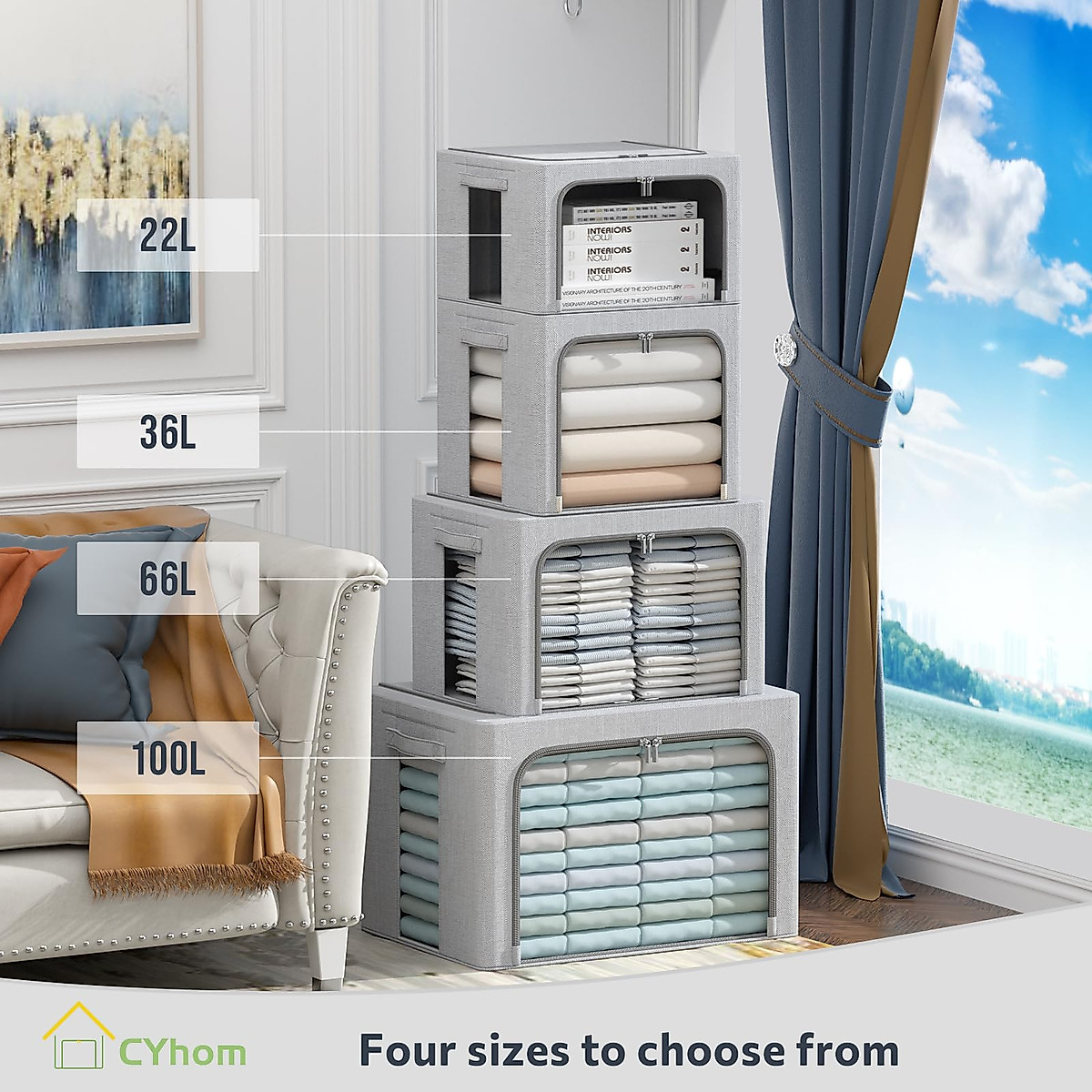 3Pack Foldable Storage Bins - Frame Storage Box Linen Fabric Stackable Clothes Container Organizer with Clear Window & Carry Handles Large Capacity (Large-66L, Light Grey)
