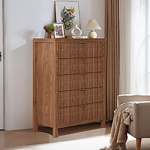 MJADUE Fluted 5 Drawers Dresser, 43" Tall Modern Chest of Drawers Wood Drawer Organizer Dresser for Bedroom Chest of Drawers for Bedroom, Living Room, Hallway, Entryway, Walnut Oak