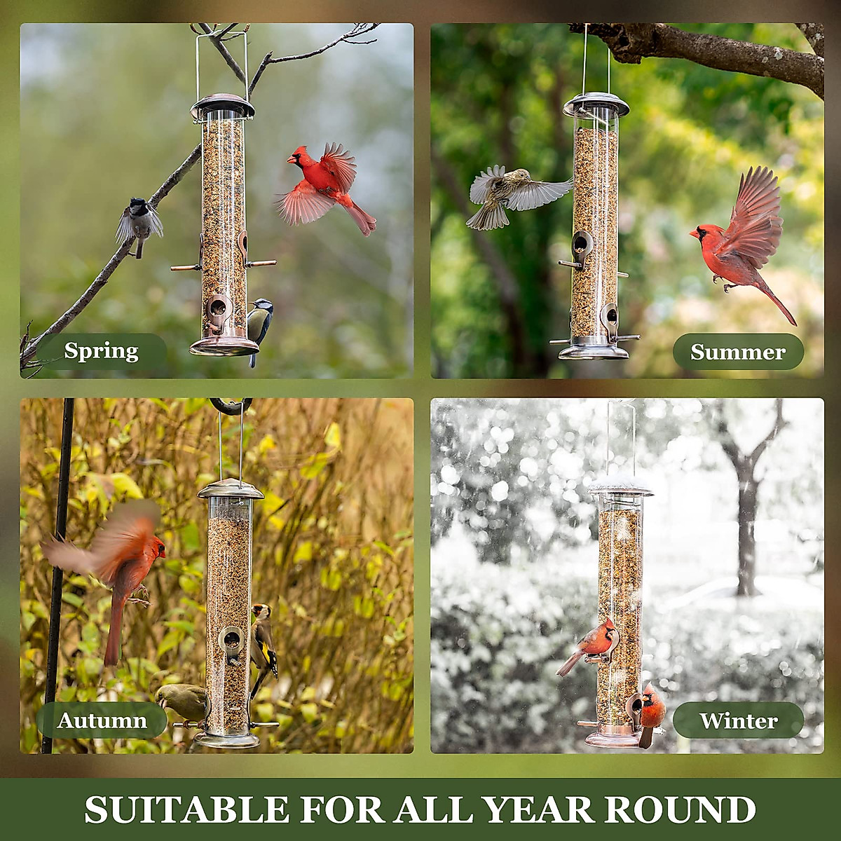 Kingsyard Metal Bird Feeders for Outdoors Hanging, Extra Thick Tube Bird Feeder w/Steel Hanger & 4-Port, 15 inch, Chew-Proof, Weather and Water Resistant, Brushed Bronze