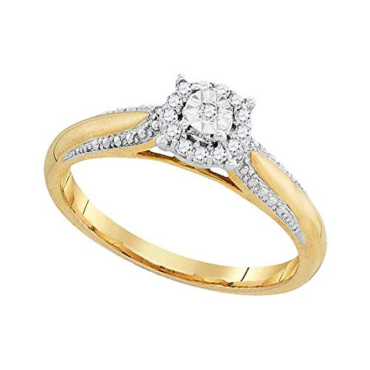 Size 7-10K Yellow Two Tone Gold Round Diamond Halo Circle Engagement Ring - Prong Set Solitaire Center Setting Shape (1/10 cttw.)