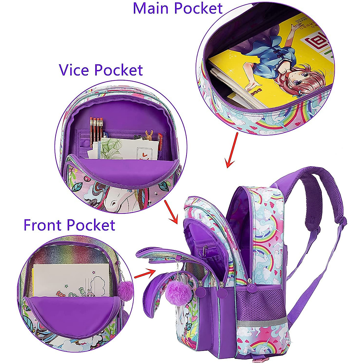 Egchescebo Kids Rolling School Backpack Bags for Girls With Wheels Trolley Roller Wheeled 5PCS With Lunch Box Cute Unicorn Pattern Rolling Backpacks Bags Girls Pink