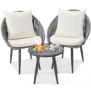 Wildformers 3 Pieces Bistro Set, Woven Rope Chair with Cushions, All Weather Patio Conversation Set and Side Table, Ideal for Deck, Balcony, Poolside, Grey