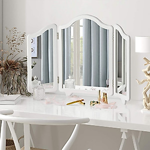 LUXFURNI Hollywood Large Vanity Trifold Makeup Mirror, 3 Side Folding Tabletop Mirror (White)