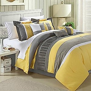 8 Piece Simple & Elegant Comforter Set in Yellow / White / Grey Stripe Design - Queen Size