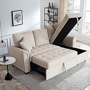 Melpomene Upholstered Sectional Sofa Couch, Convertible Pull Out Bed Sleeper Sofa with Storage 3 Seater L Shaped Couch with 2 Pillows,Linen Fabric Corner Sofa for Living Room(Beige)