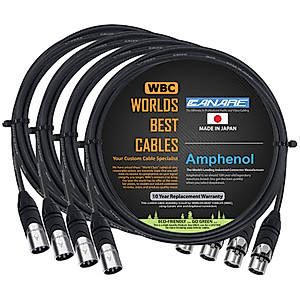 WORLDS BEST CABLES 4 Units - 4 Foot - Canare L-4E6S, Star Quad Balanced Male to Female Microphone Cables with Amphenol AX3M & AX3F Silver XLR Connectors - CUSTOM MADE