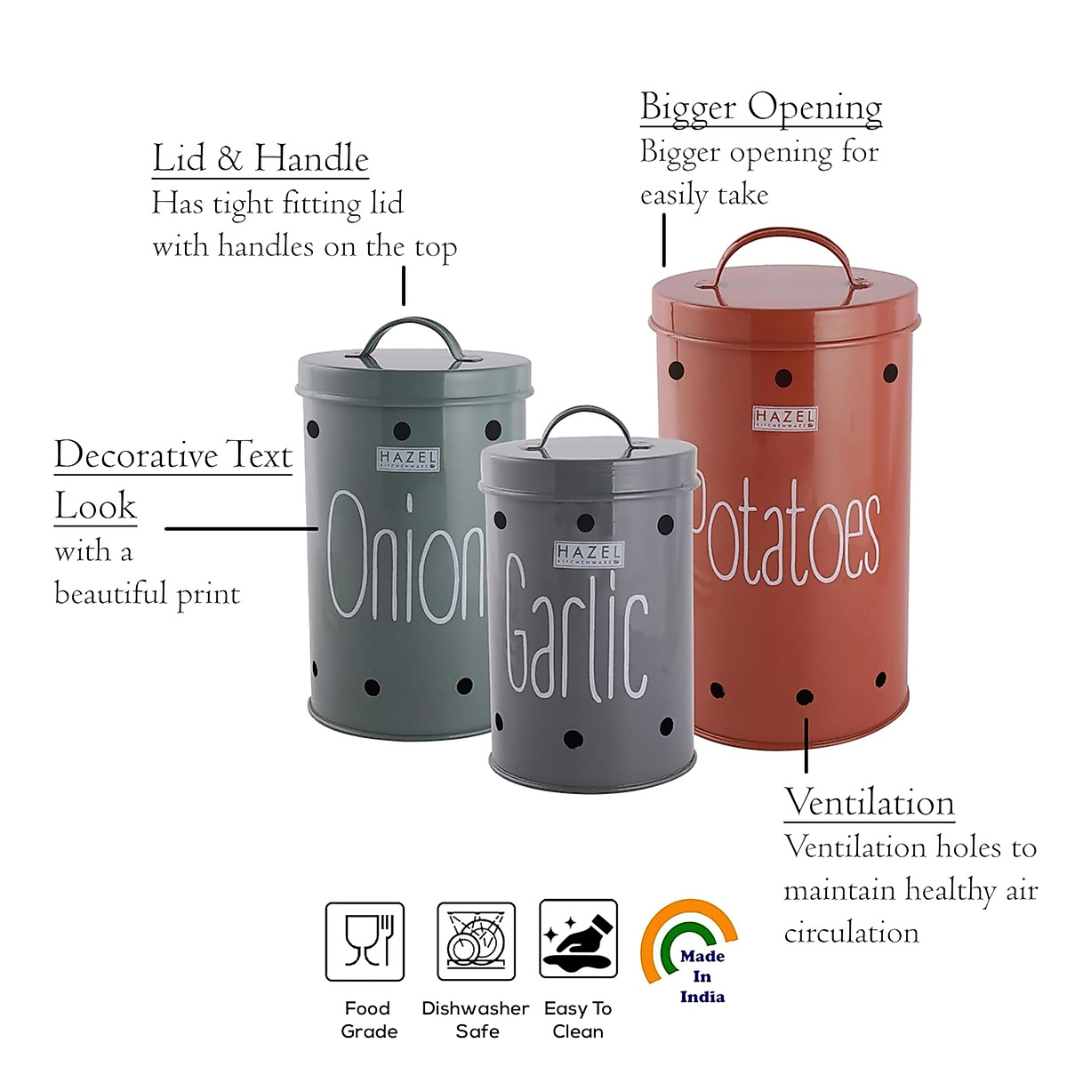 Hazel Onion, Potato and Garlic Storage Kitchen Container Set of 3 with Lid | Food Grade Storage Container | Versatile Kitchen Storage Solution