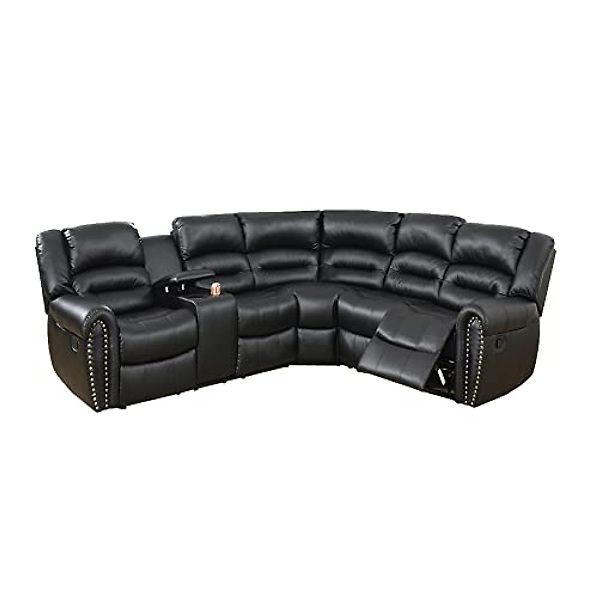 Benjara Bonded Leather 3 Piece Reclining Sectional, Black