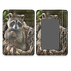 Linomo Thin leather Card Holder and Money Clip Cute Animal Raccoon Wallet RFID Blocking for Men & Women