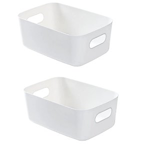 2 Pack Plastic Storage Basket, White Storage Bin with Handle Bathroom Organization Bins Kitchen Spice Rack Organizer for Shelves Drawers Pantry Closet(11.8x8x4.9in)