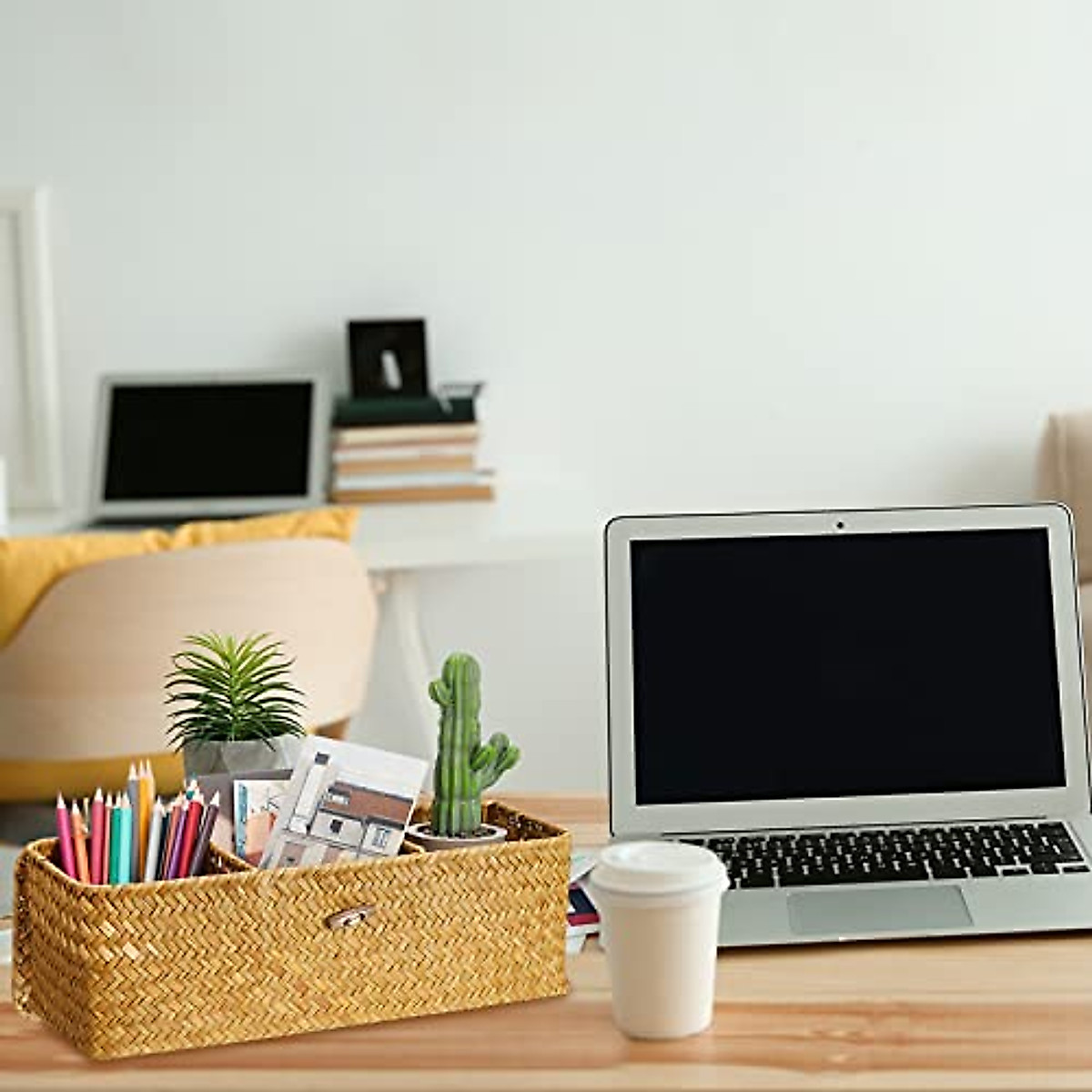 2 Pieces Seagrass Baskets with Lid, Rectangular Hand Woven Wicker Bin Storage Box for Shelves Organizing, Small Rustic Home Storage Organizer Container (Light Orange,12.6 x 4.72 x 4.33 Inches)