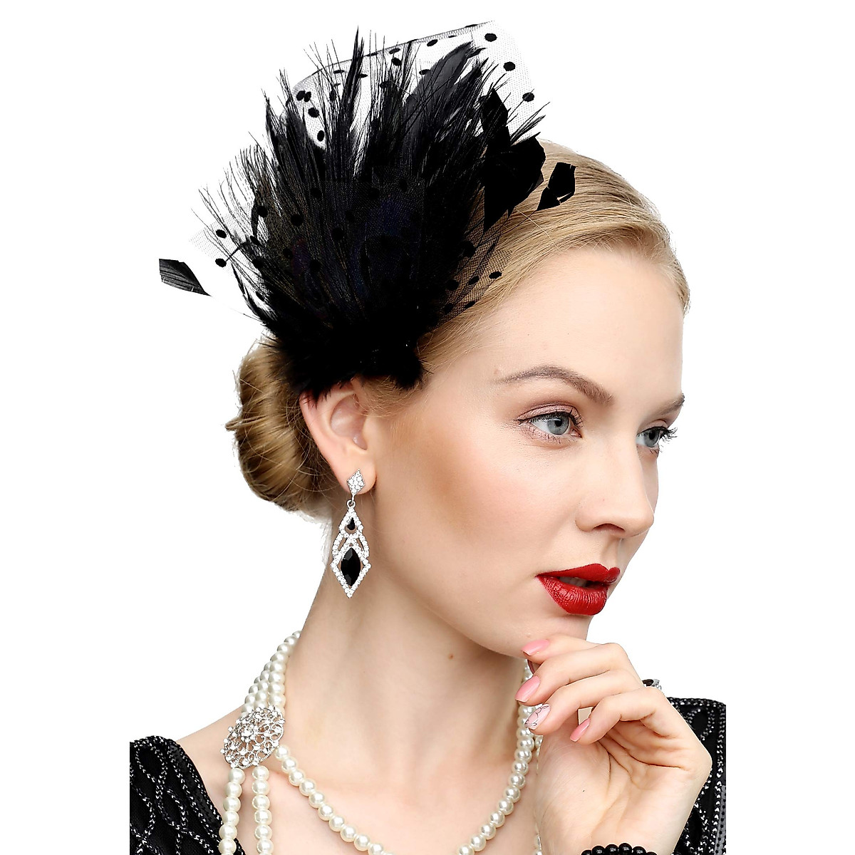 Cizoe Fascinators 20s Gatsby Flapper Acessories Art Deco Party Accessory Peacock Feather Headpiece(1A-Black)